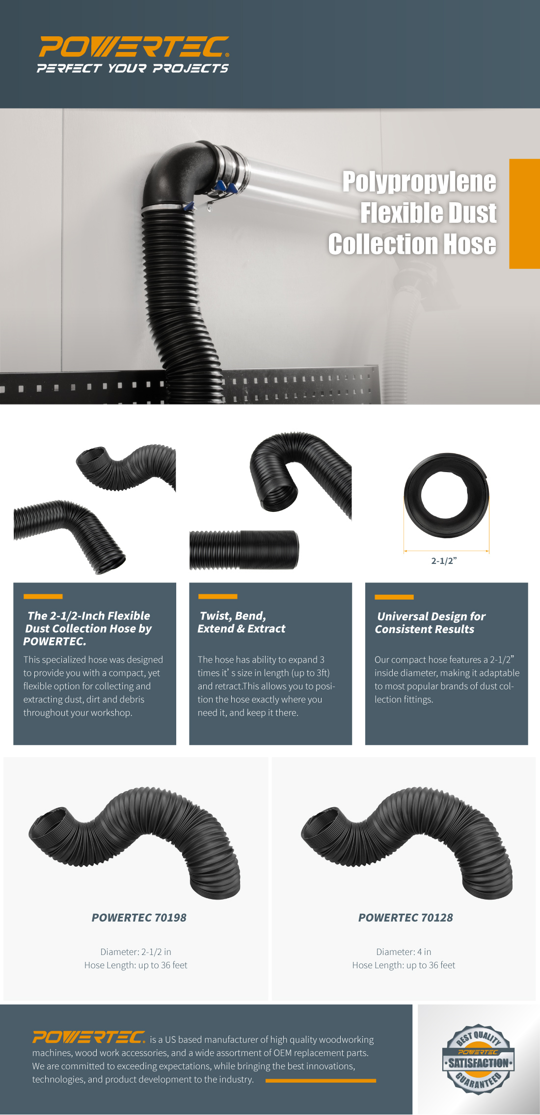 POWERTEC 36 in. L x 2-1/2 in. Flexible Dust Collection Hose-70198 - The ...