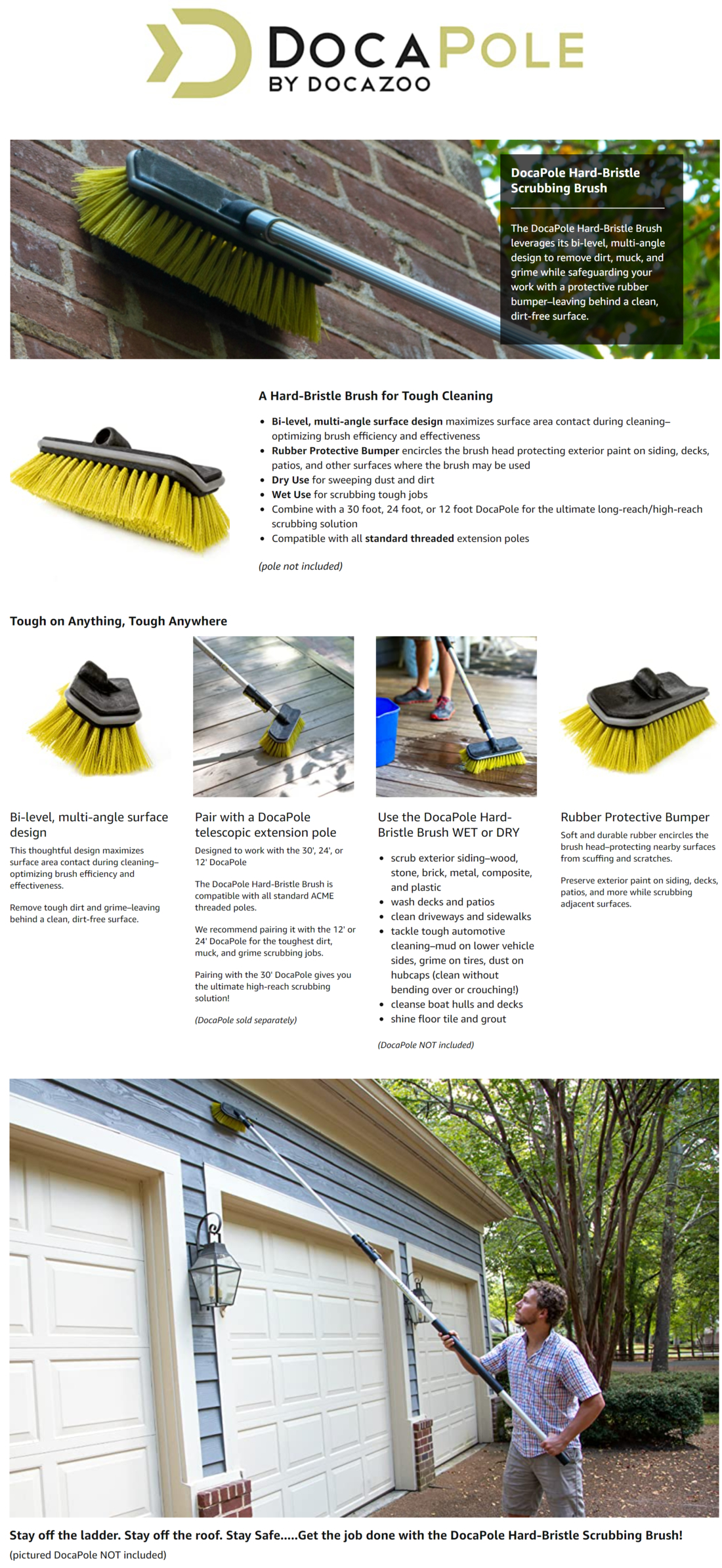 DocaPole 11 in. Hard Bristle Deck Brush and Scrub Brush Extension Pole ...