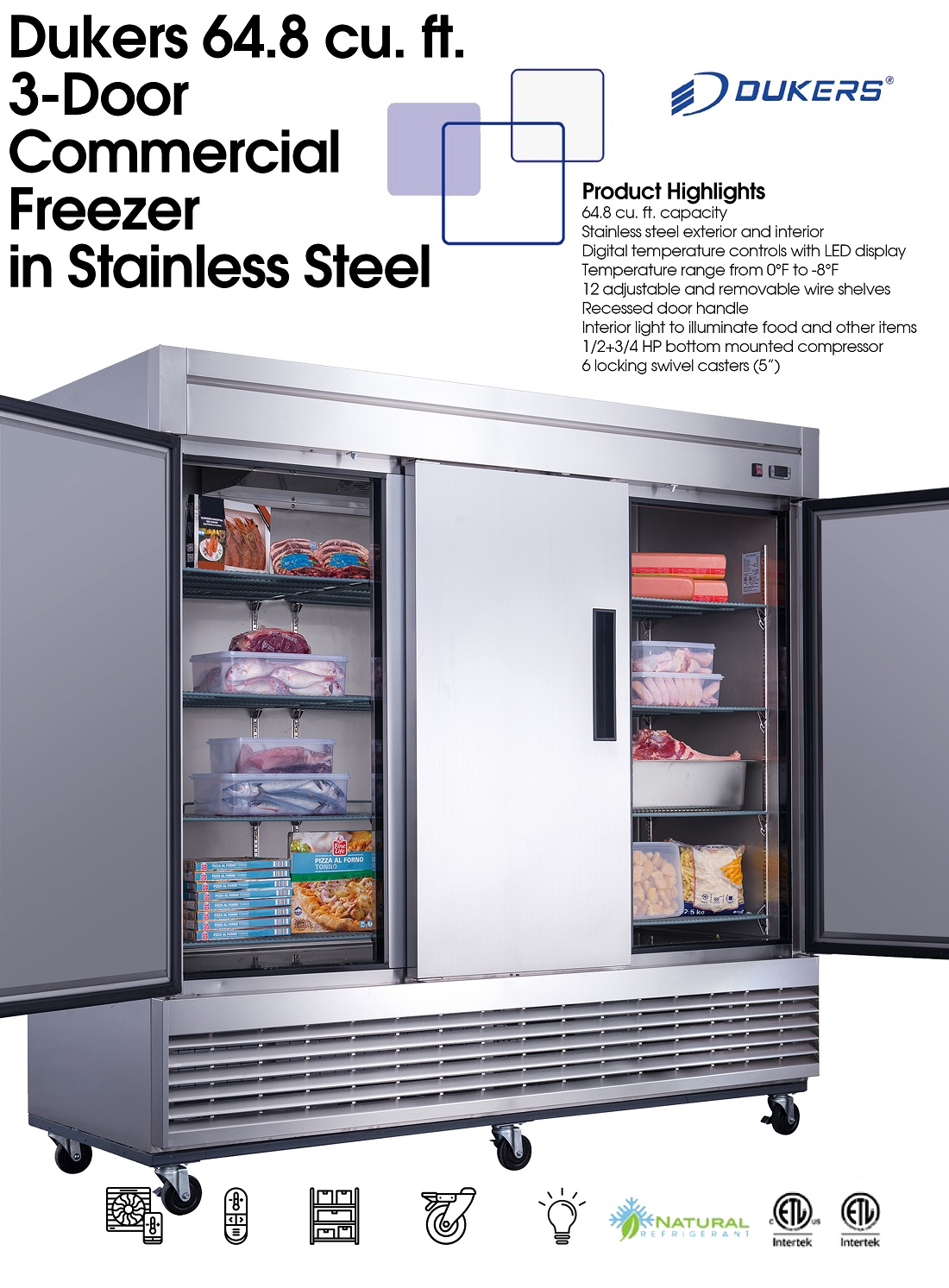 Dukers 64.8 cu. Ft. 3-Door Commercial Upright Freezer in Stainless ...