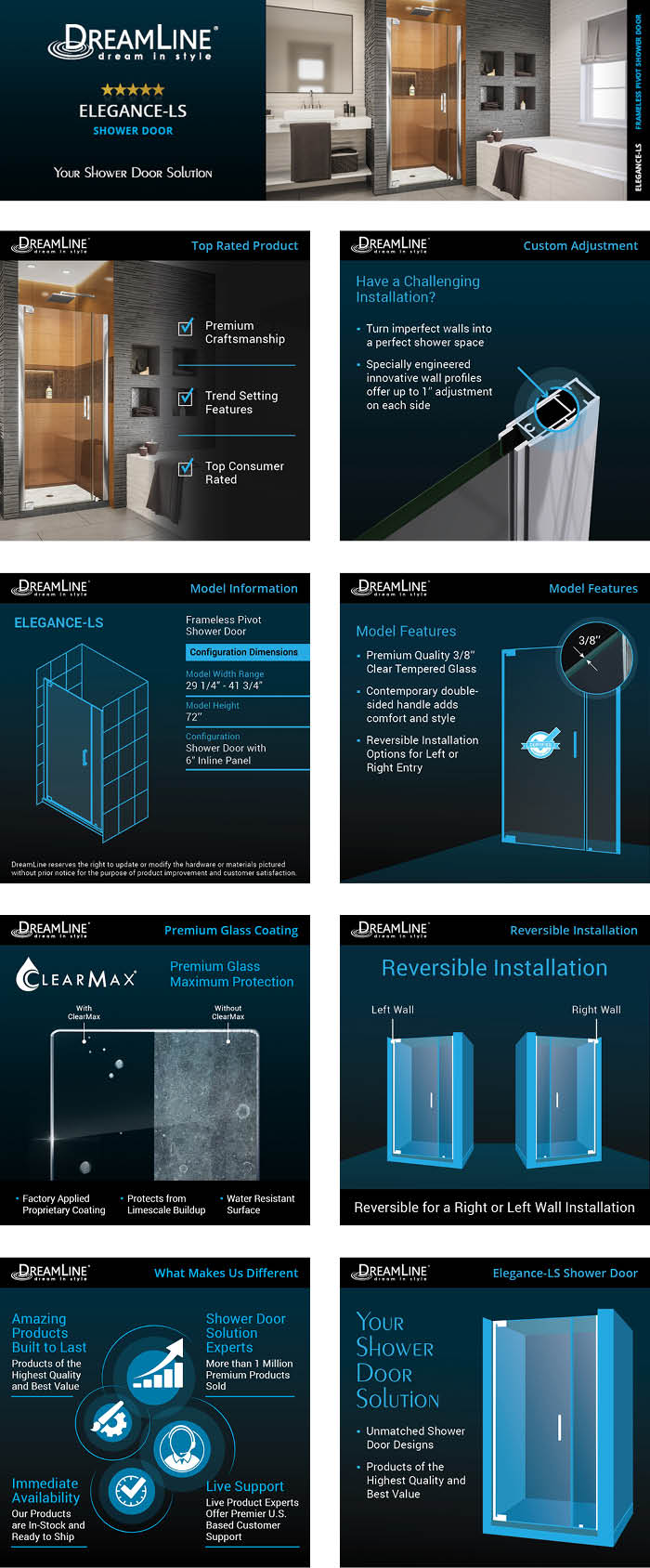 DreamLine Elegance-LS 36-1/4 in. to 38-1/4 in. W x 72 in. H Frameless ...