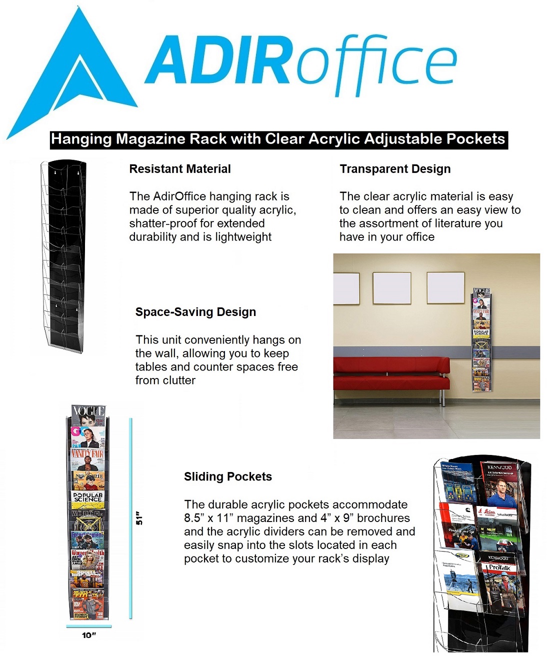 AdirOffice 51 in. x 10 in. Black with Clear Acrylic Wall Mounted ...