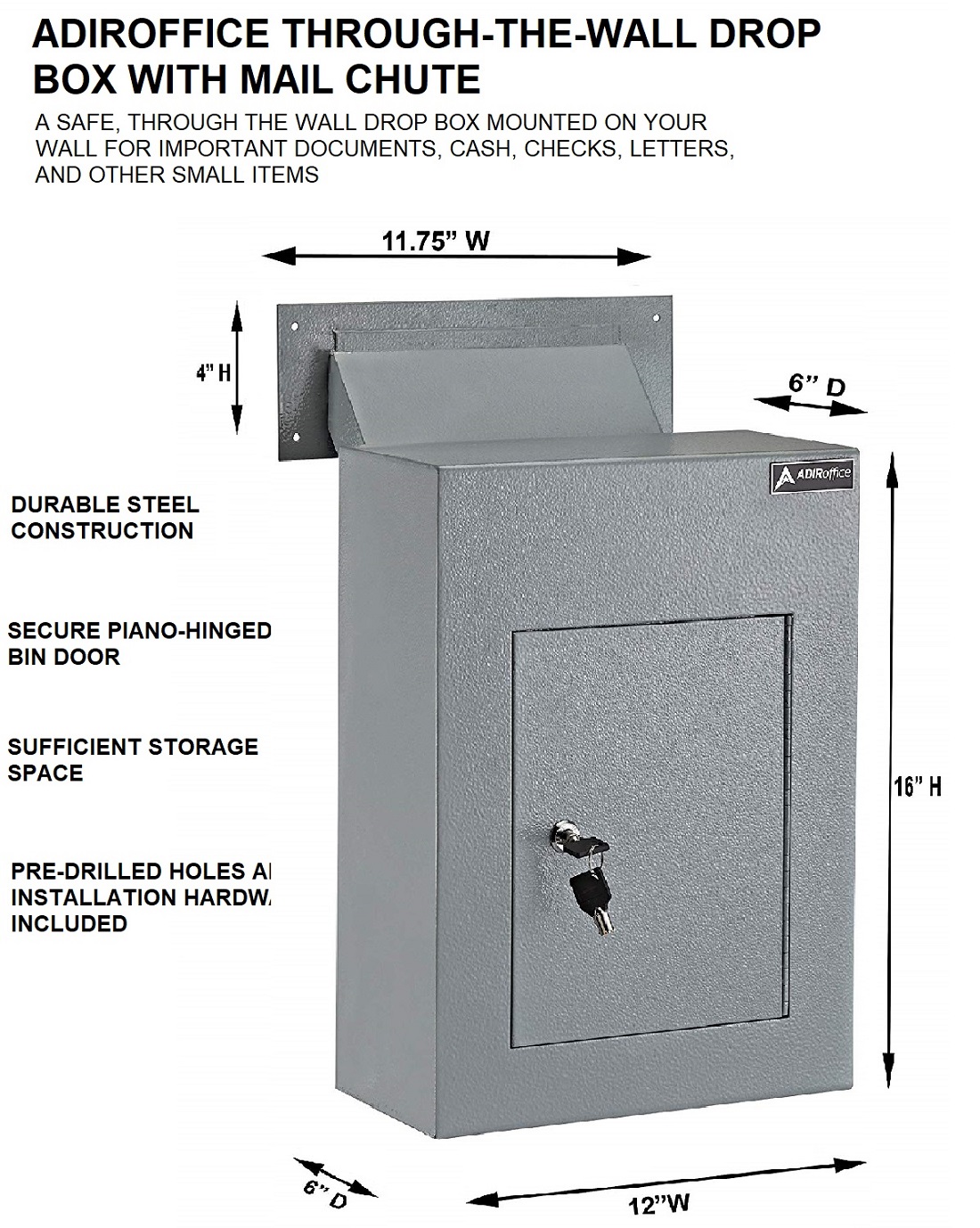 AdirOffice Grey Steel Through the Wall Drop Box with Adjustable Chute ...